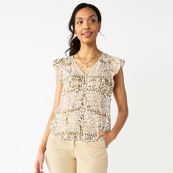 Womens Nine West Flutter Sleeve Button Front Blouse