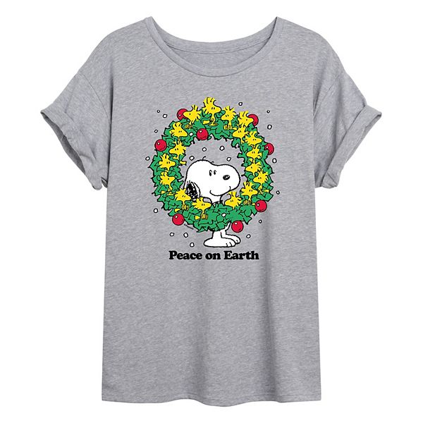 Juniors' Peanuts "Peace" Wreath Oversized Graphic Tee