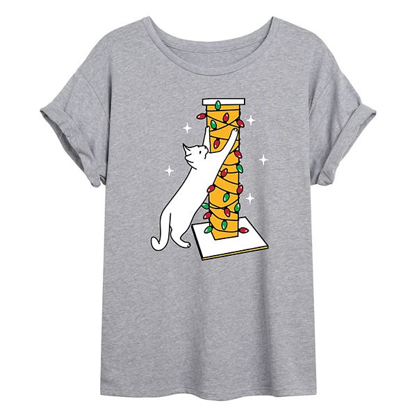 Juniors' Christmas Cat Scratch Oversized Graphic Tee