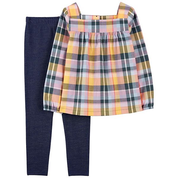 Girls 4-8 Carter's 2-Piece Plaid Top & Knit Denim Legging Set