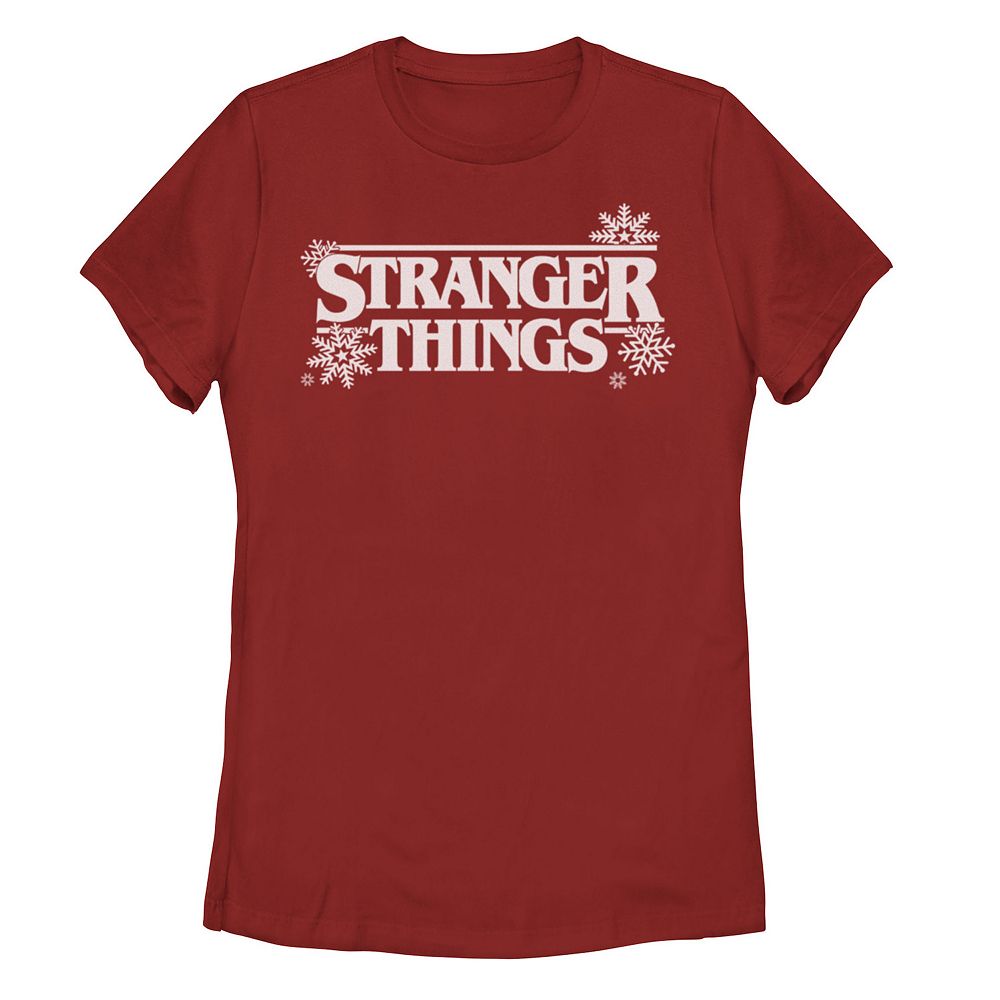 Juniors' Stranger Things Holiday Snowflakes White Logo Tee