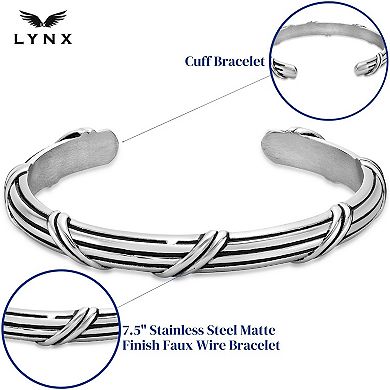 Men's LYNX Stainless Steel Matte Finish Faux Wire Wrapped Cuff Bracelet