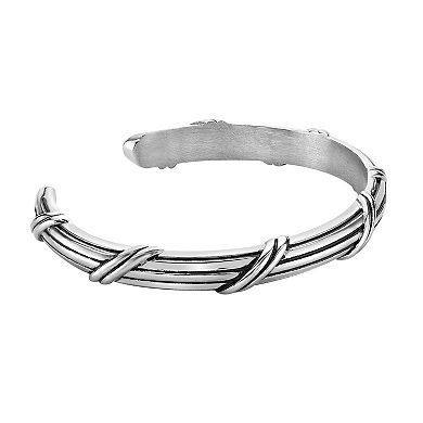 Men's LYNX Stainless Steel Matte Finish Faux Wire Wrapped Cuff Bracelet