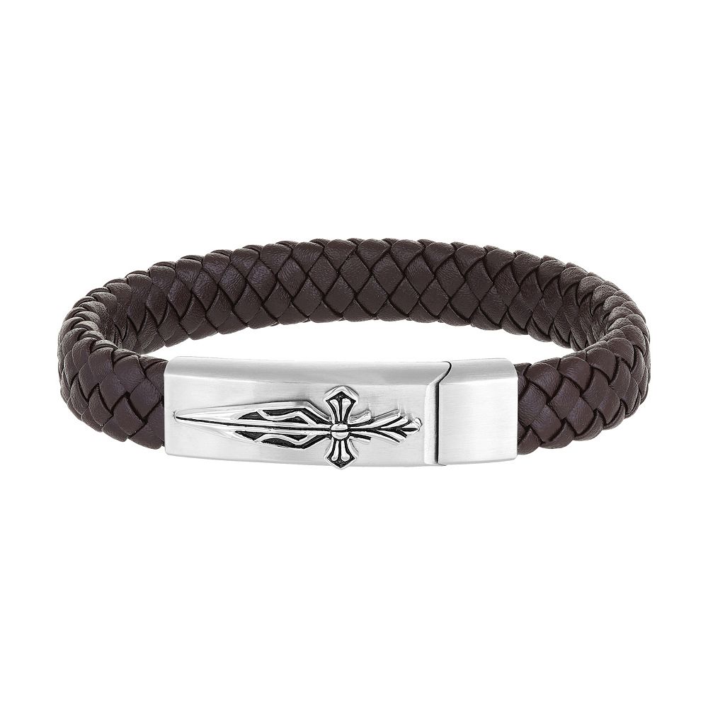 Men's LYNX Stainless Steel Sword Clasp Braided Brown Leather Bracelet