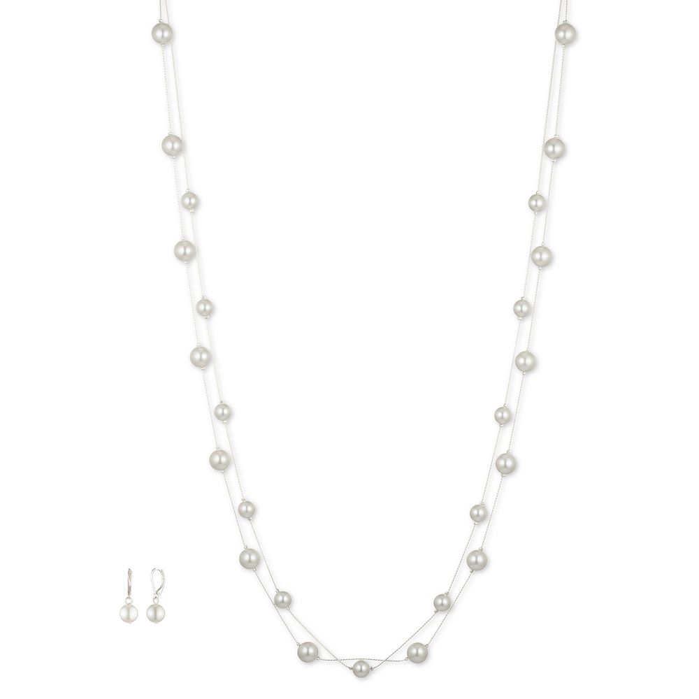 You're Invited Silver Tone Simulated Pearl Double-Strand Necklace & Drop Earrings Set
