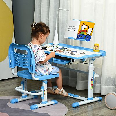 Kids Adjustable School Desk Chair Set W Lamp Tilt Desktop Storage Blue