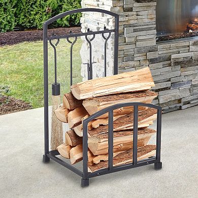 HOMCOM Firewood Log Rack Storage Holder Stand with Tool Kit and Wrought ...