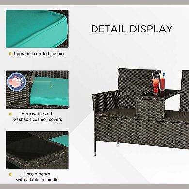 Outdoor Patio 2 Seat Rattan Wicker Chair Bench With Tea Table Padded Sofa