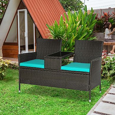 Outdoor Patio 2 Seat Rattan Wicker Chair Bench With Tea Table Padded Sofa