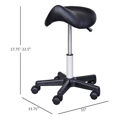 Homcom Rolling Black Saddle Stool Swivel Salon Chair Ergonomic Faux Leather Stool Adjustable Height with Wheels