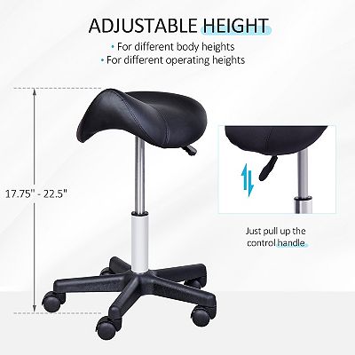 Homcom Rolling Black Saddle Stool Swivel Salon Chair Ergonomic Faux Leather Stool Adjustable Height with Wheels