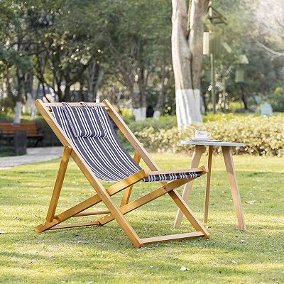 Outdoor Folding Patio Lounge Beach Chair W Adjustable Backrest Beige