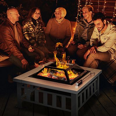 Outsunny 34 Outdoor Fire Pit Square Steel Wood Burning Firepit Bowl with Spark Screen Waterproof Cover