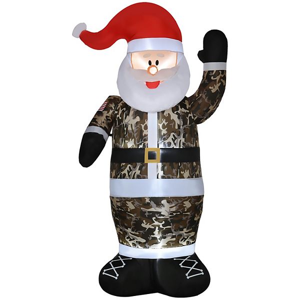 HOMCOM 8ft Lighted Display Camo Santa Claus Inflatable Yard Décor