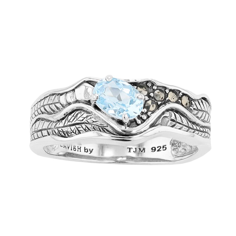 Lavish by TJM Sterling Silver Sky Blue Topaz & Marcasite Leaf Ring