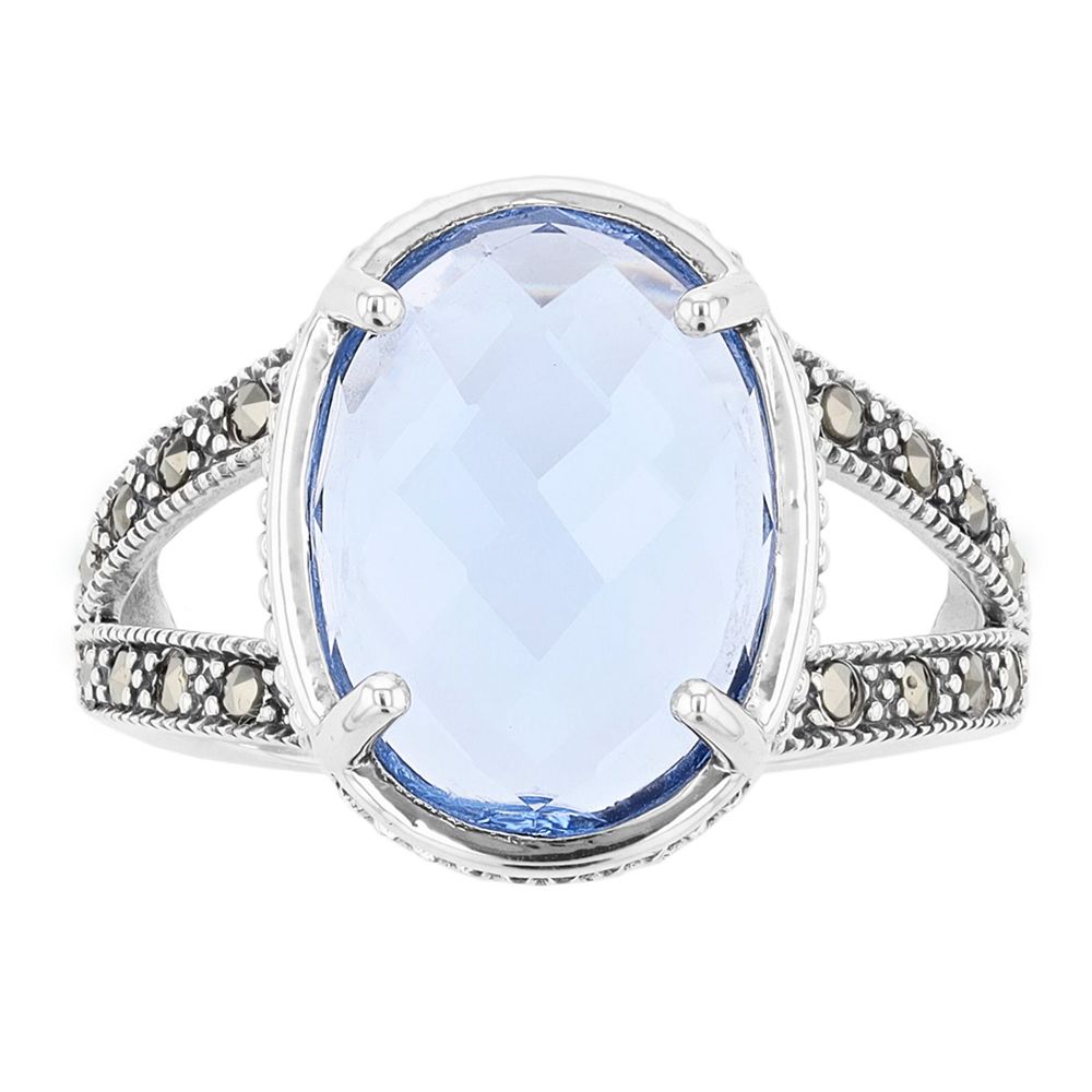 Lavish by TJM Sterling Silver Oval Synthetic Blue Quartz & Marcasite Ring