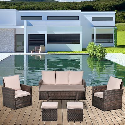 Outsunny 6 PCS Patio Dining Set All Weather Rattan Wicker Furniture Set with Wood Grain Top