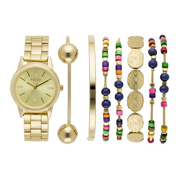 Folio Women's Gold Tone Watch & Colorful Stackable Bracelet Set