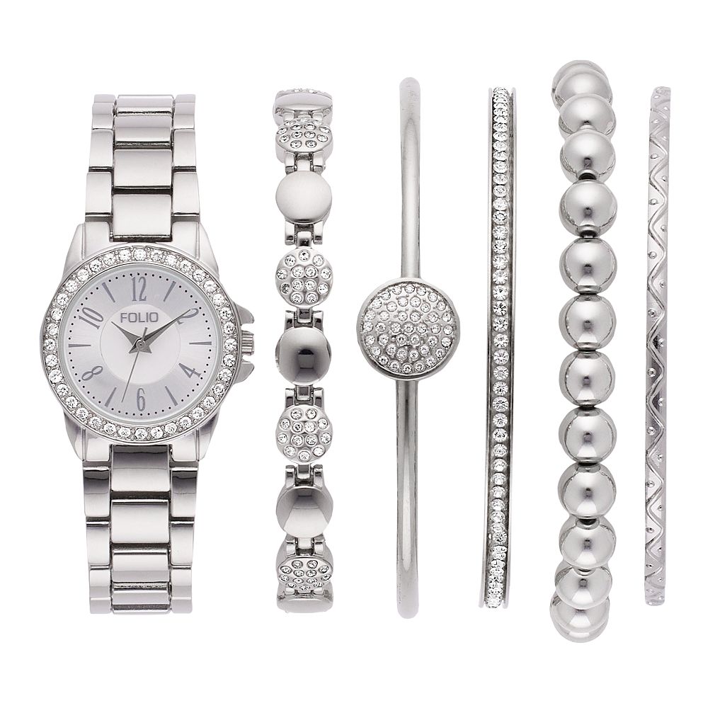 folio-women-s-silver-tone-glitz-watch-stackable-bangle-bracelet-set