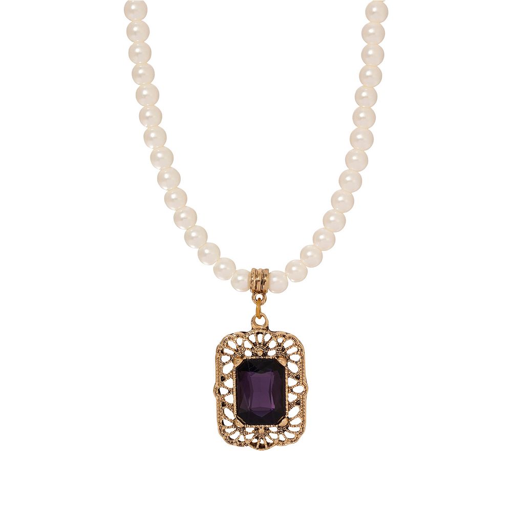 1928 Gold Tone Simulated Pearl Octagon Drop Necklace