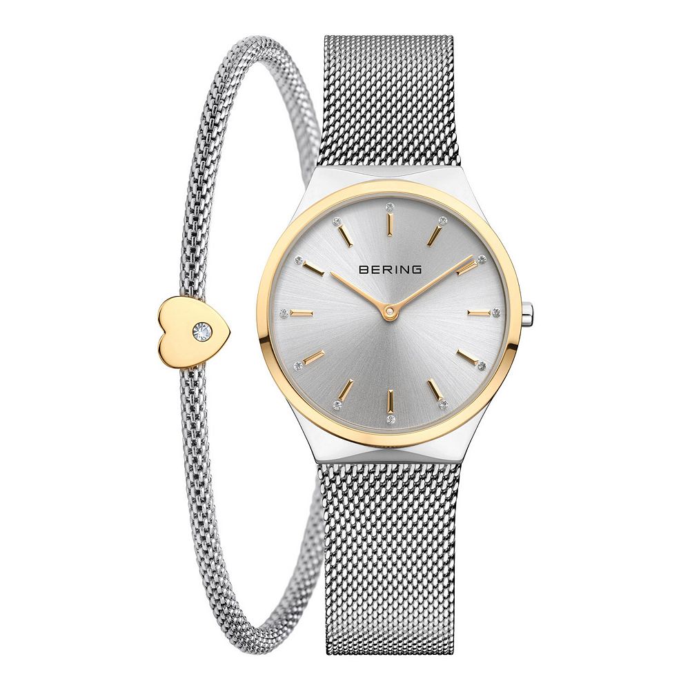 BERING Women's Two Tone Watch & Cubic Zirconia Heart Charm Bracelet Set