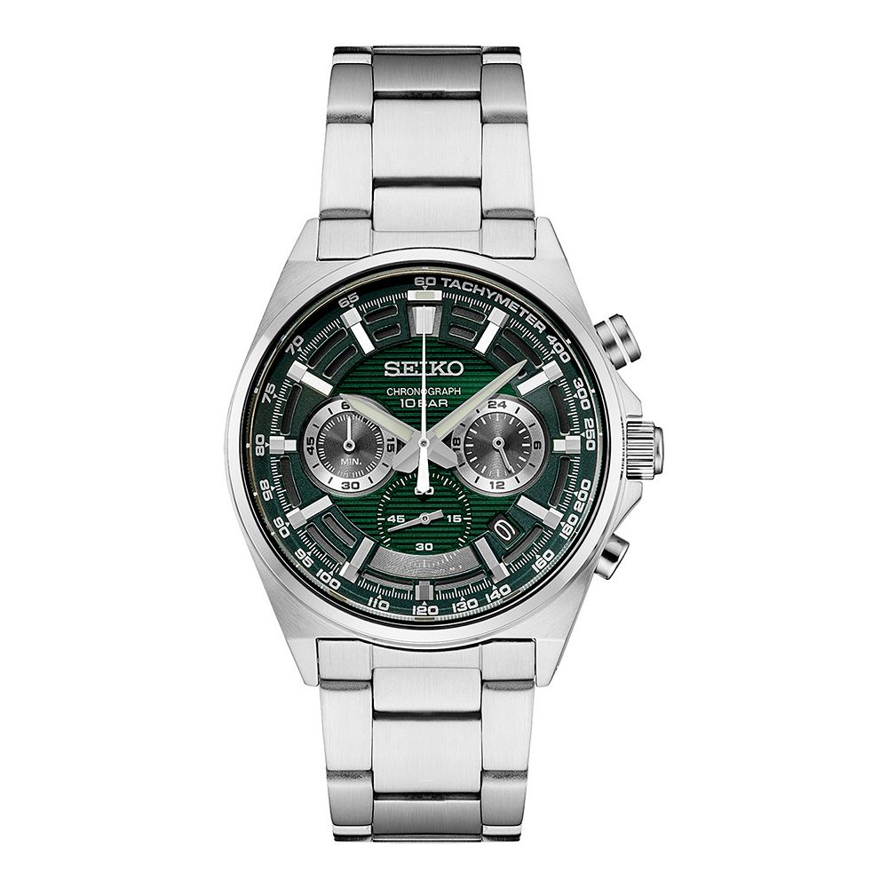 Seiko Essentials Men's Stainless Steel Green Dial Chronograph Watch ...