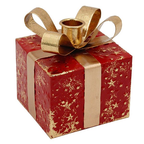 4.5" Red Metal Gift Box Christmas Taper Candle Holder