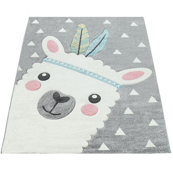 Cute Kids Rug with Llama Motif for Nursery in Pastel Tones