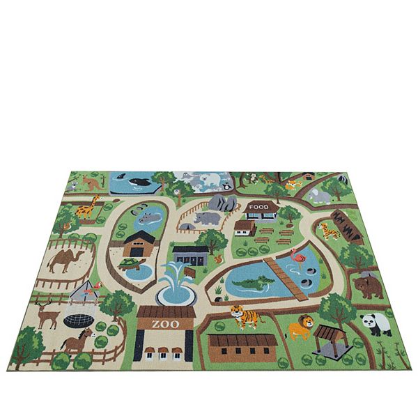 Kids Play Mat Rug Zoo Animal Park for Nursery in Green Beige