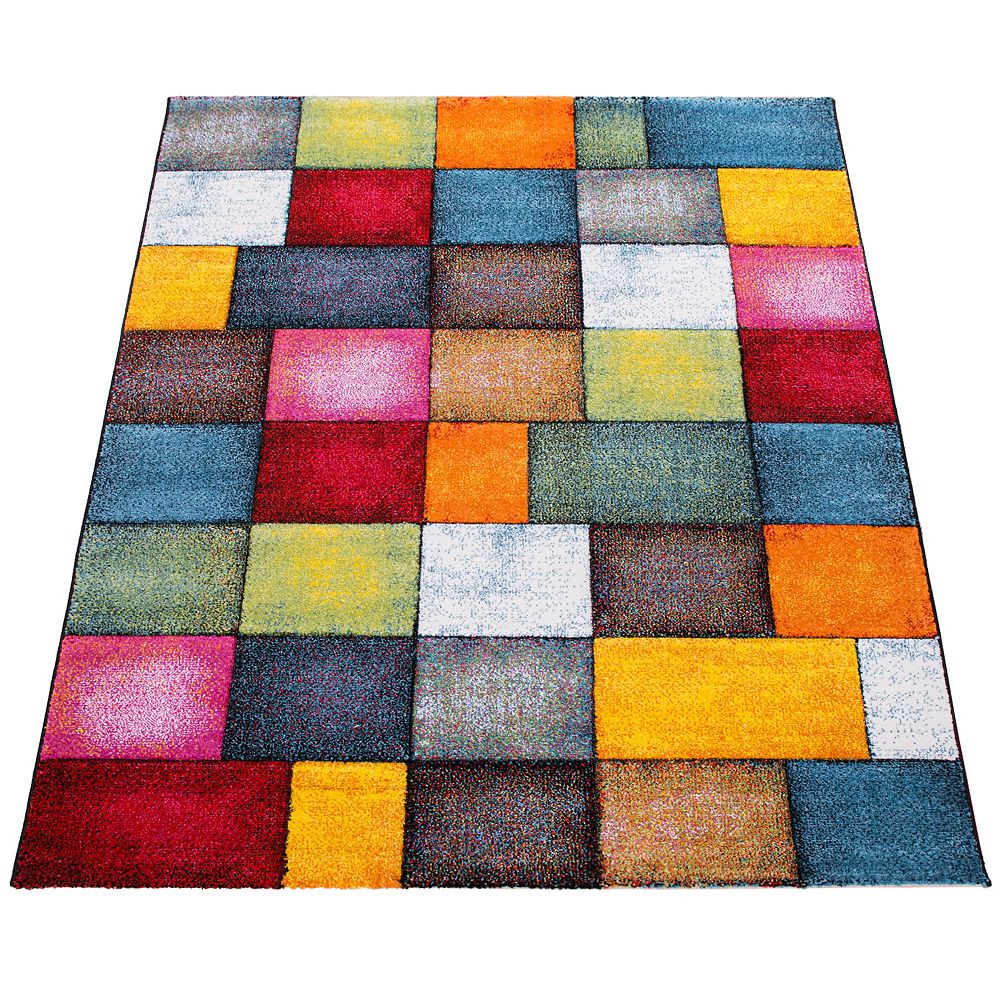 Colorful Living Room Rug with Geometric Squares, Multi-Colored