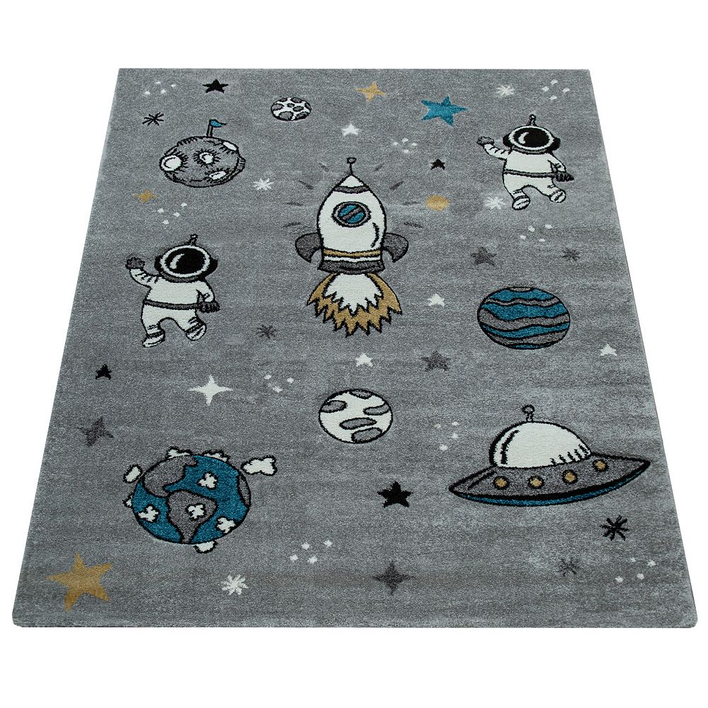 Space Rug for Kids Room with Astronaut Planets & Rockets in Grey