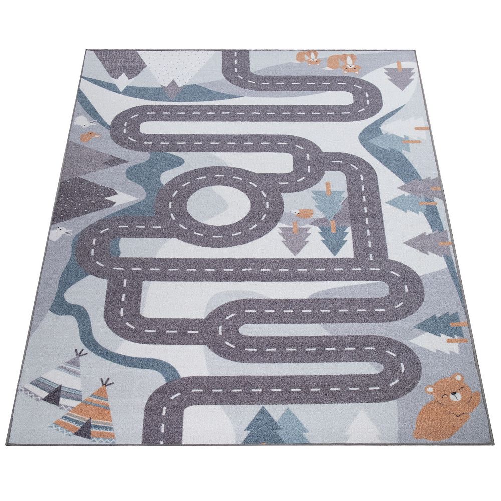Kids Rug Mountain Road with Bears & Trees - Non Slip Playmat in Blue