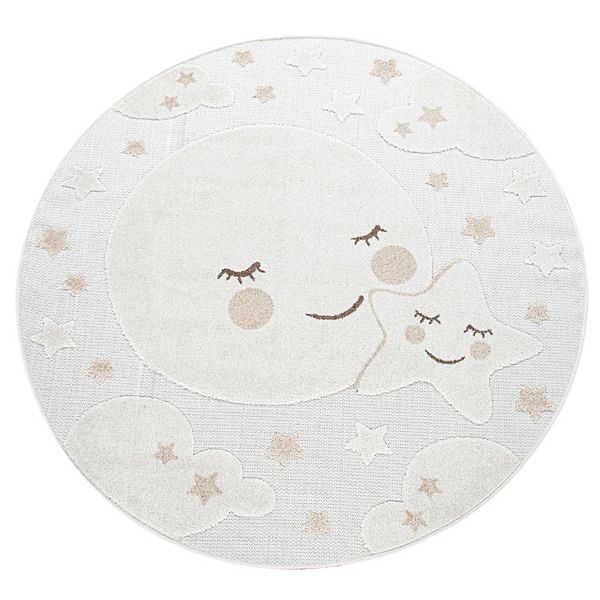 Round Kids Rug Cuddly Moon and Stars Motif Indoor & Outdoor