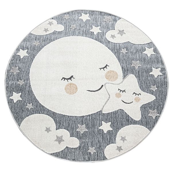 Round Kids Rug Cuddly Moon and Stars Motif Indoor & Outdoor