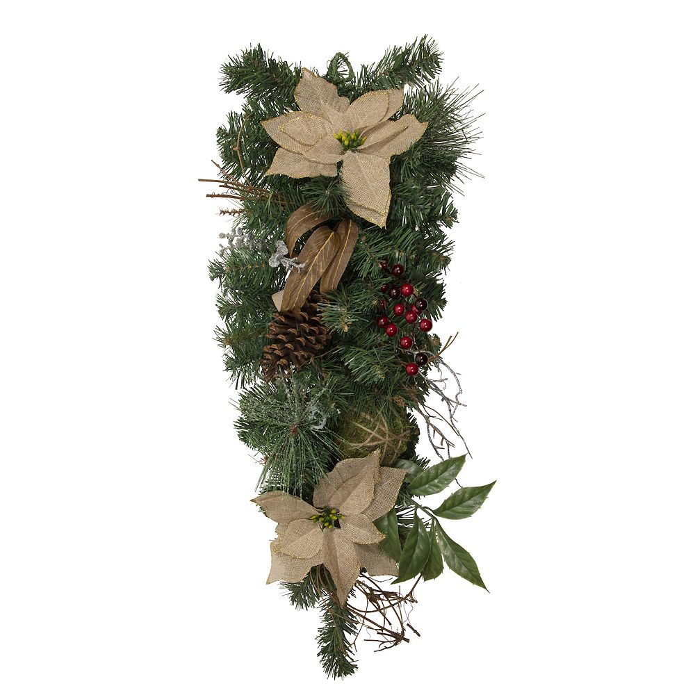28" Mixed Pine Berry and Poinsettia Artificial Christmas Teardrop Swag ...