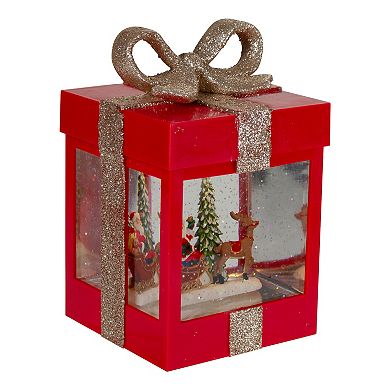 7" Lighted Red Gift Box Christmas Snow Globe with Santa and Reindeer