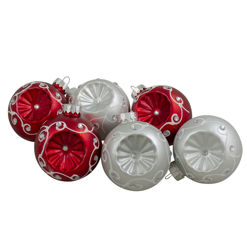 6ct Red and Silver Retro Reflector Matte Glass Christmas Ball Ornament ...