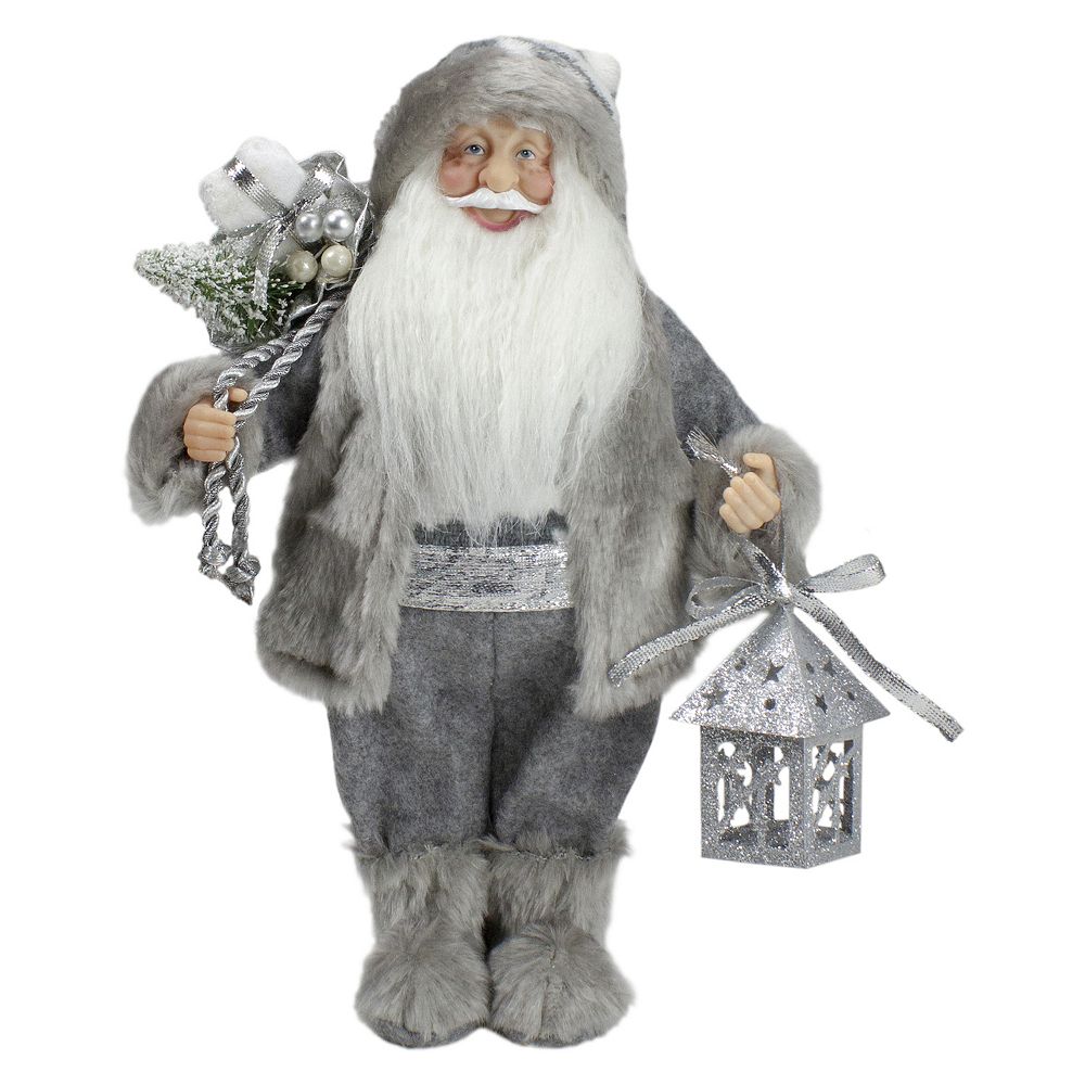 12" Gray and White Standing Santa Claus Christmas Figurine with Bag and ...