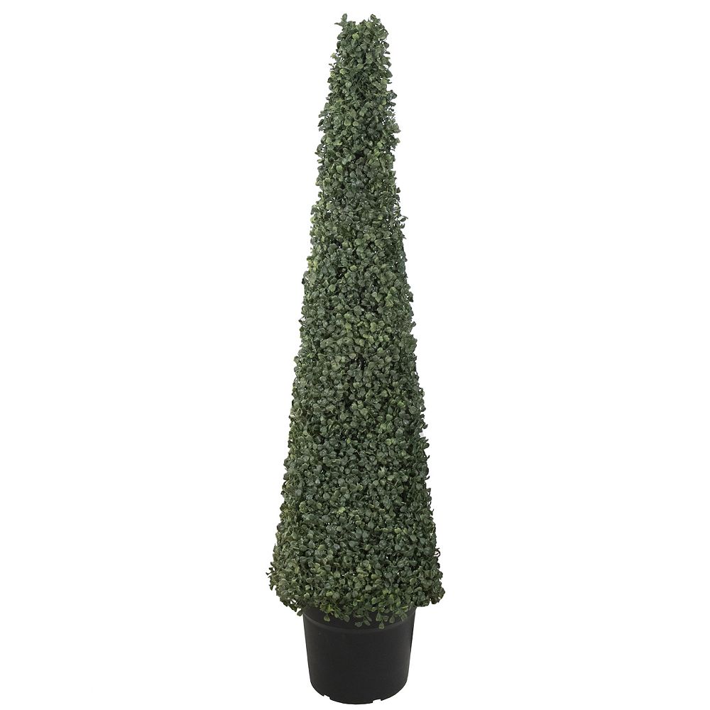 4' Artificial Two-Tone Boxwood Pyramid Topiary Tree with Round Pot Unlit
