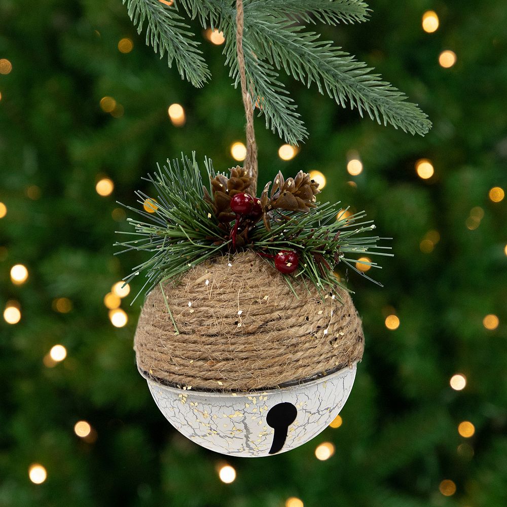 5" Green Rustic Pine Cone and Holly Berry Jingle Bell Christmas Ornament
