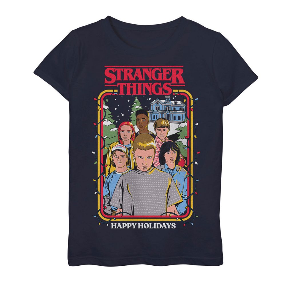 Girls 7-16 Stranger Things Happy Holidays Group Portrait Tee