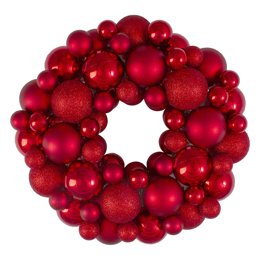Red Hot 3-Finish Shatterproof Ball Christmas Wreath - 13-Inch Unlit