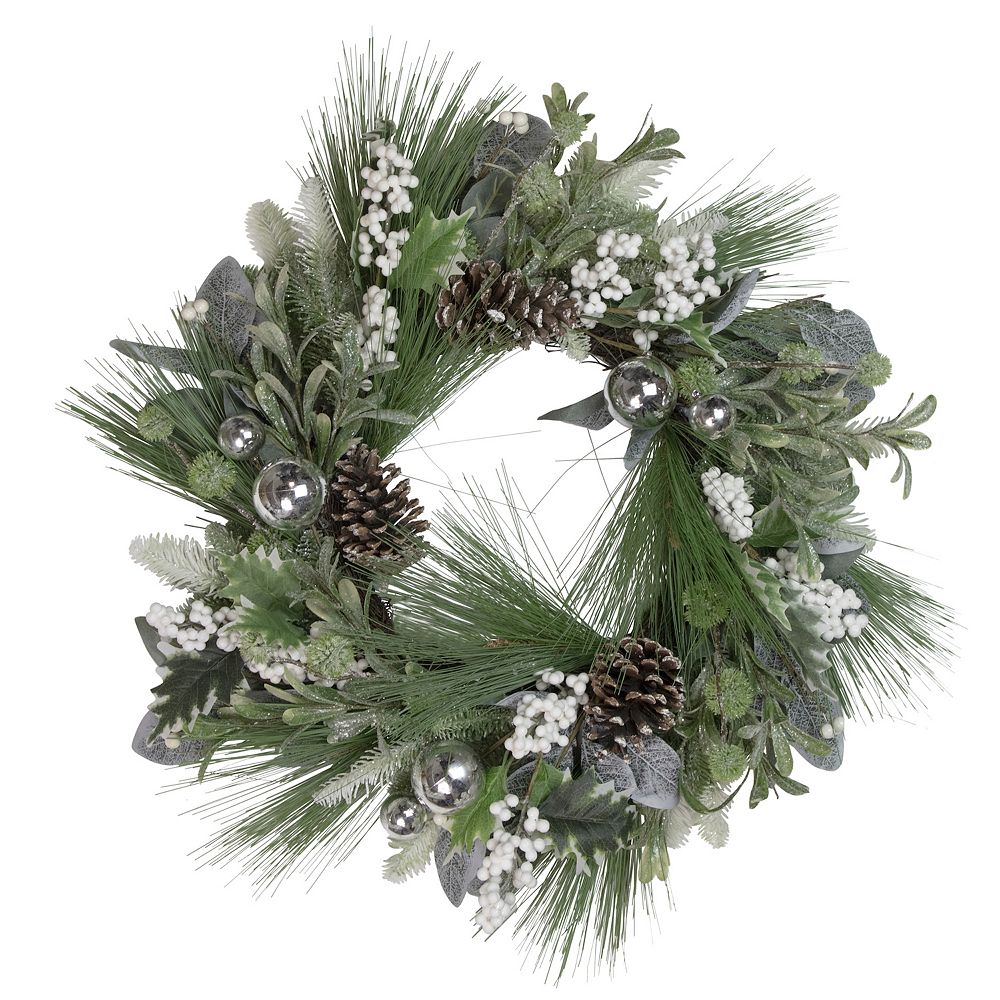 Artificial Christmas Wreath with Assorted Foliage and Berries 24-Inch Unlit