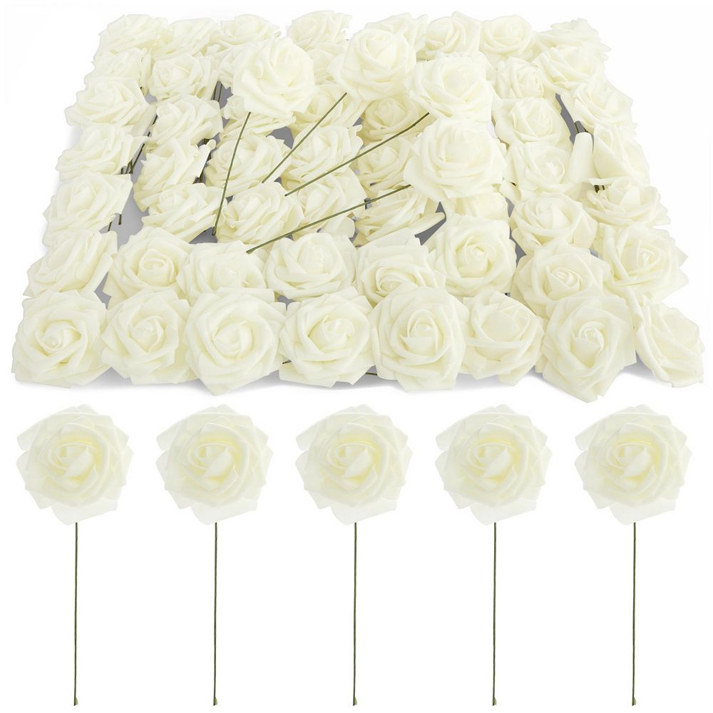 3-inch Artificial Rose Flowers Heads With Stems (60 Pack), Cream