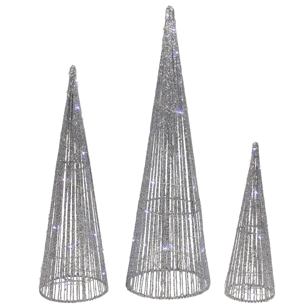 Set of 3 LED Lighted Silver Glitter Cone Tree Outdoor Christmas ...