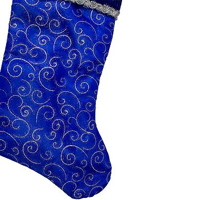 20.5" Royal Blue and Silver Swirl Christmas Stocking with Velveteen Cuff