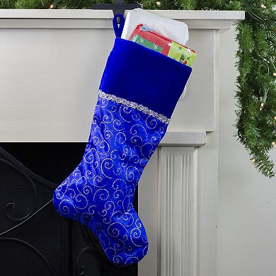 20.5" Royal Blue and Silver Swirl Christmas Stocking with Velveteen Cuff