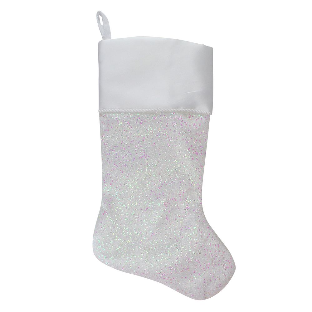 22.25" White with Pink Iridescent Glitter Christmas Stocking with Satin ...