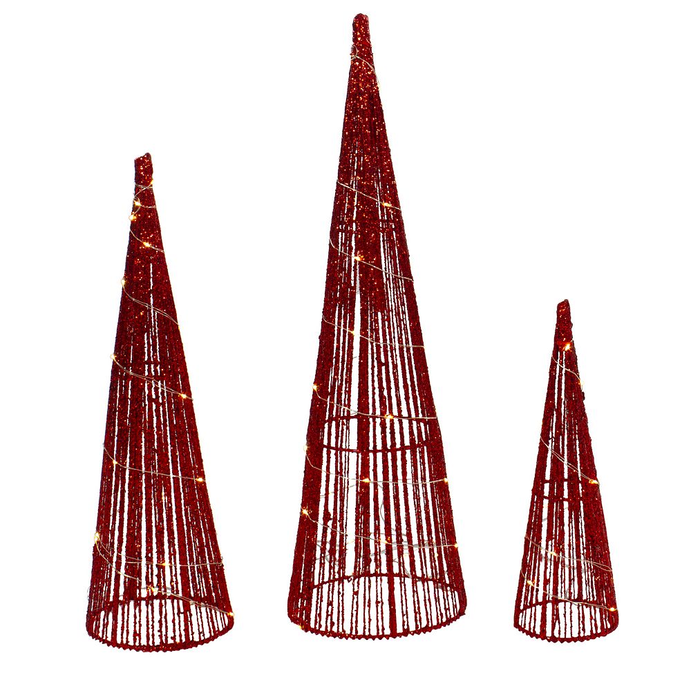 Set of 3 LED Lighted Red Glitter Cone Tree Outdoor Christmas ...