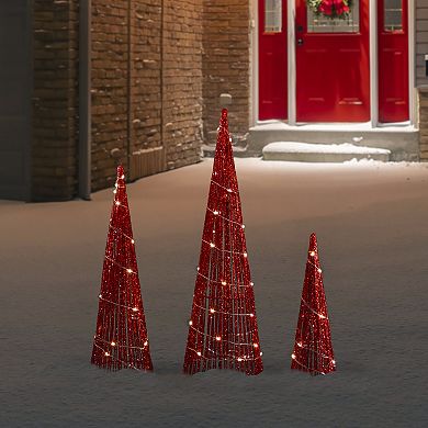 Set of 3 LED Lighted Red Glitter Cone Tree Outdoor Christmas ...
